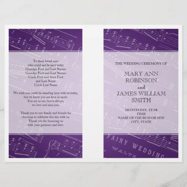 Wedding Program Sheet Music Purple | Zazzle