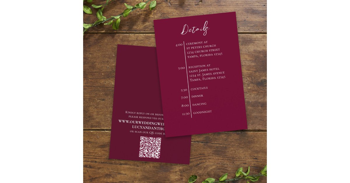 Wedding QR Code Burgundy Simple Timeline Enclosure Card | Zazzle