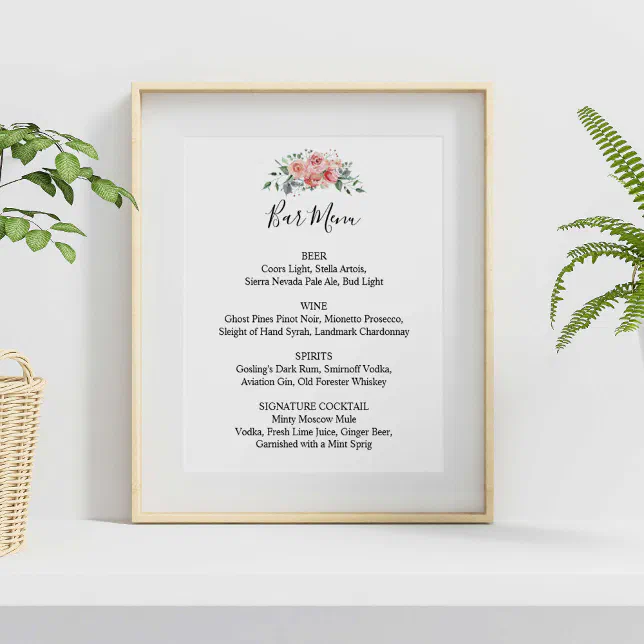 Wedding Reception Bar Menu Pink Floral Script Poster | Zazzle