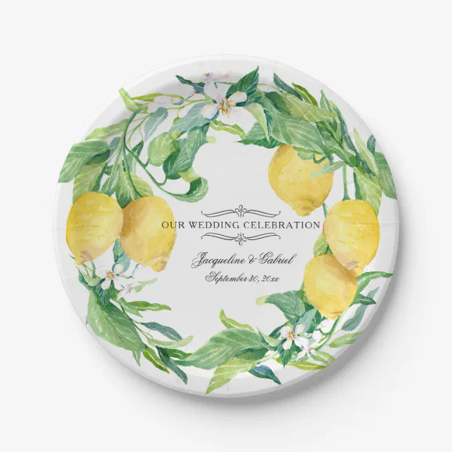 Wedding Reception Citrus Lemon Floral Leaf Wreath Paper Plates | Zazzle