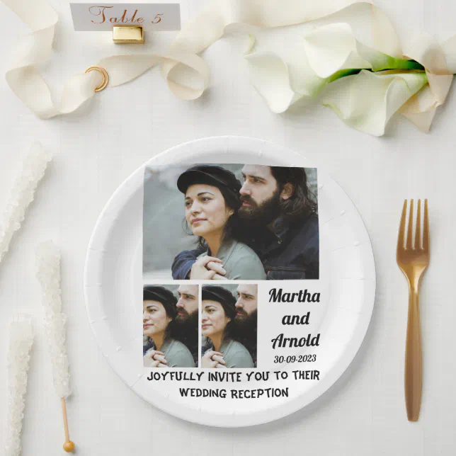 Wedding Reception custom 3 Photo Collage Paper Plates | Zazzle