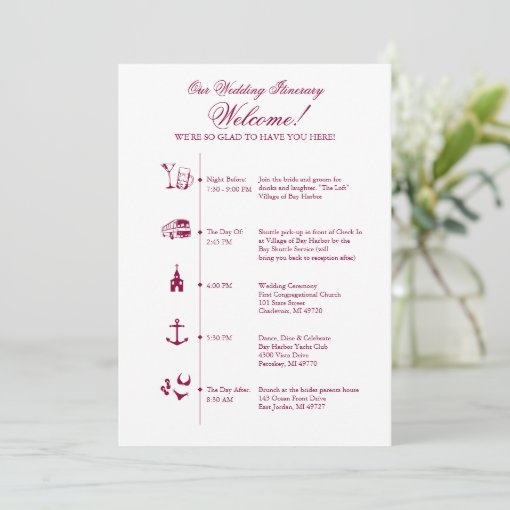 Wedding Reception Itinerary Timeline in Wine Invitation | Zazzle