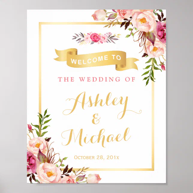 Wedding Reception Sign Elegant Chic Floral Gold | Zazzle
