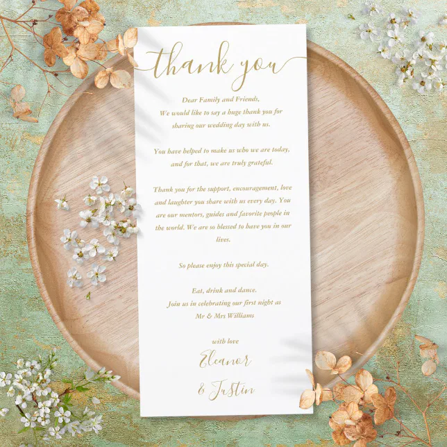 Wedding Reception Thank You Gold Place Card | Zazzle