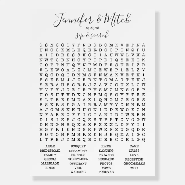 Wedding Reception Word Search Game, Custom Game Foam Board | Zazzle