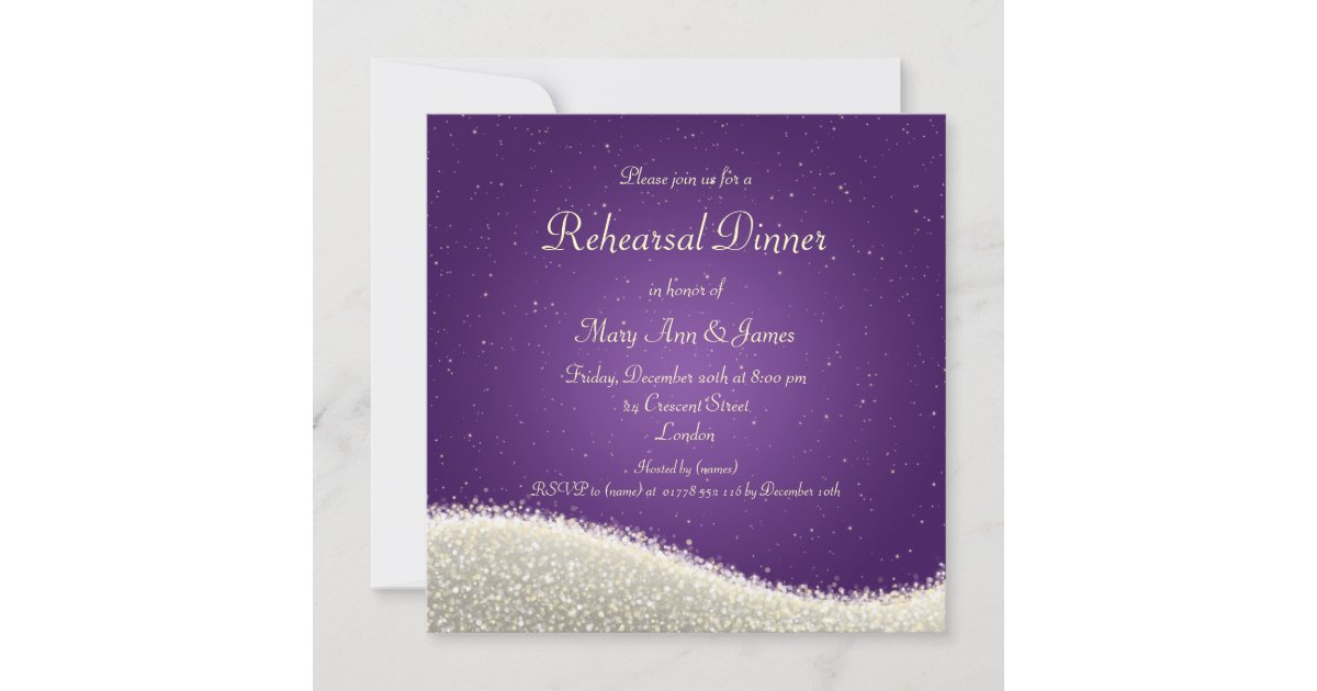 Wedding Rehearsal Dinner Dazzling Sparkles Purple Invitation | Zazzle