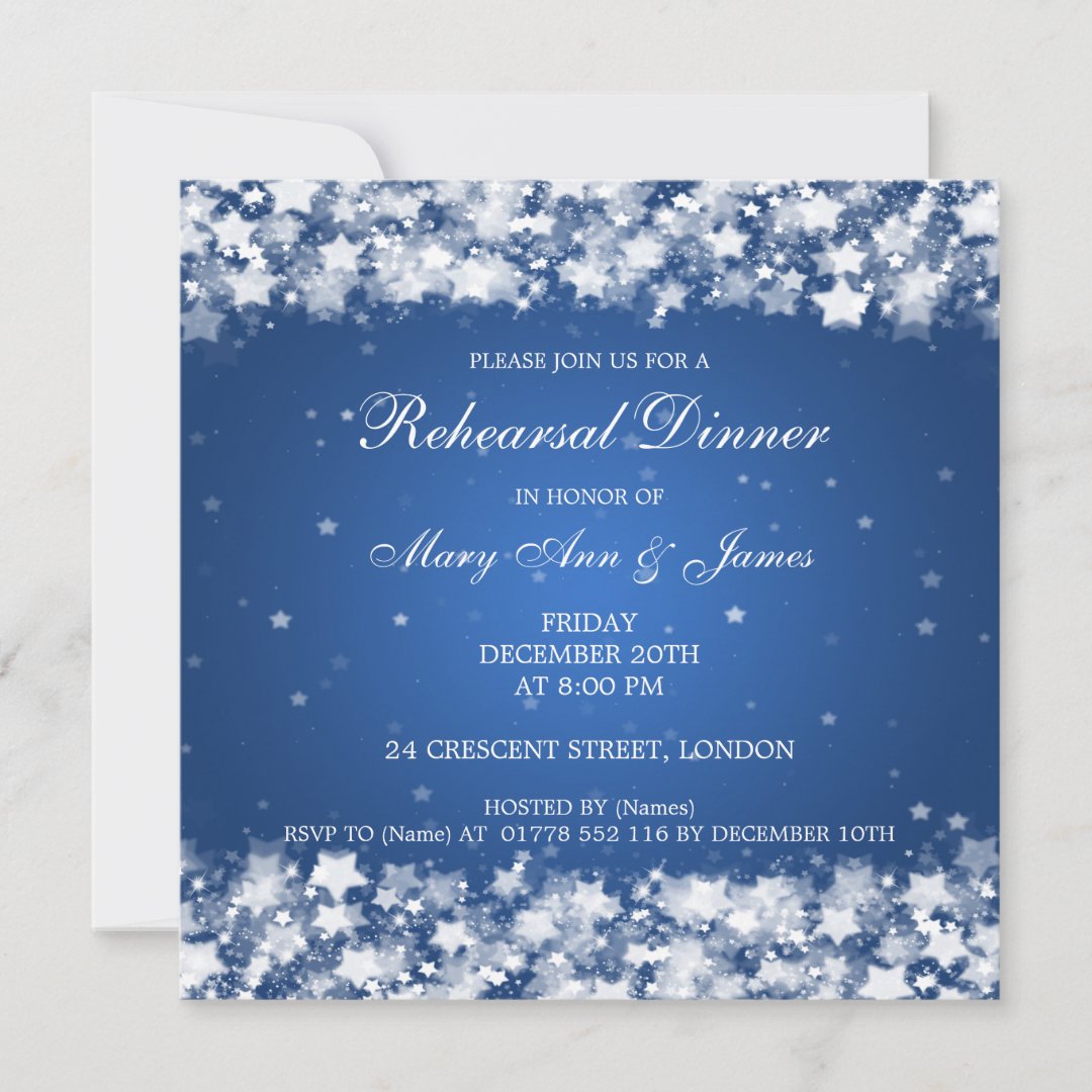 Wedding Rehearsal Dinner Dazzling Stars Blue Invitation | Zazzle