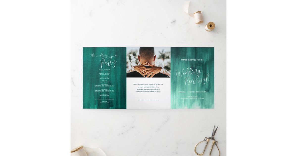 Wedding renewal ceremony emerald green abstract Tr Tri-Fold Program | Zazzle