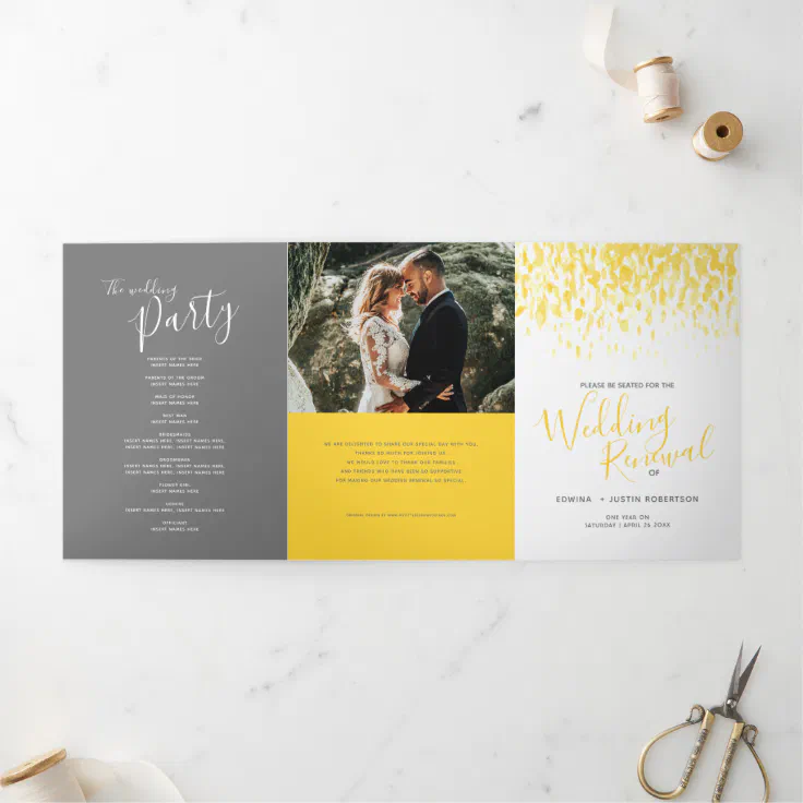 Wedding renewal ceremony yellow gray program | Zazzle