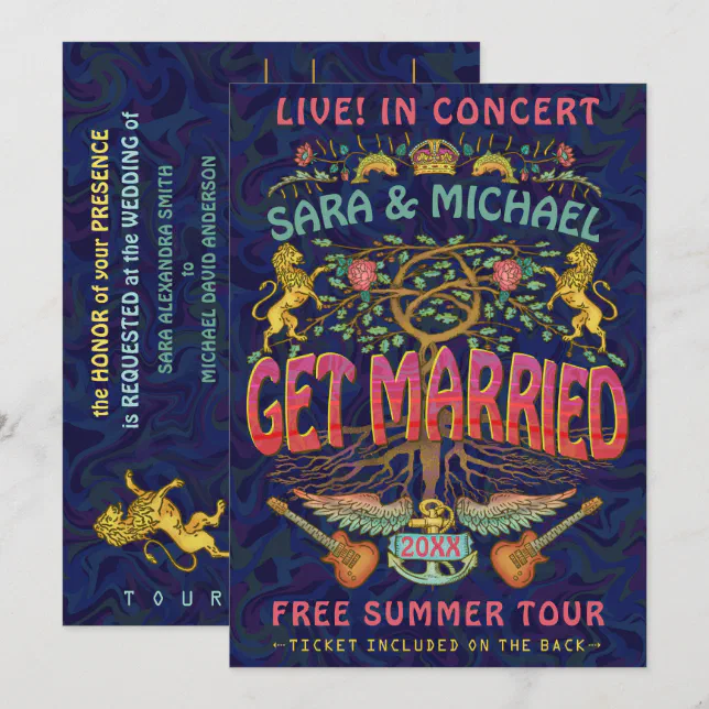 Wedding Retro 70s Band Concert Ticket Theme Invitation | Zazzle