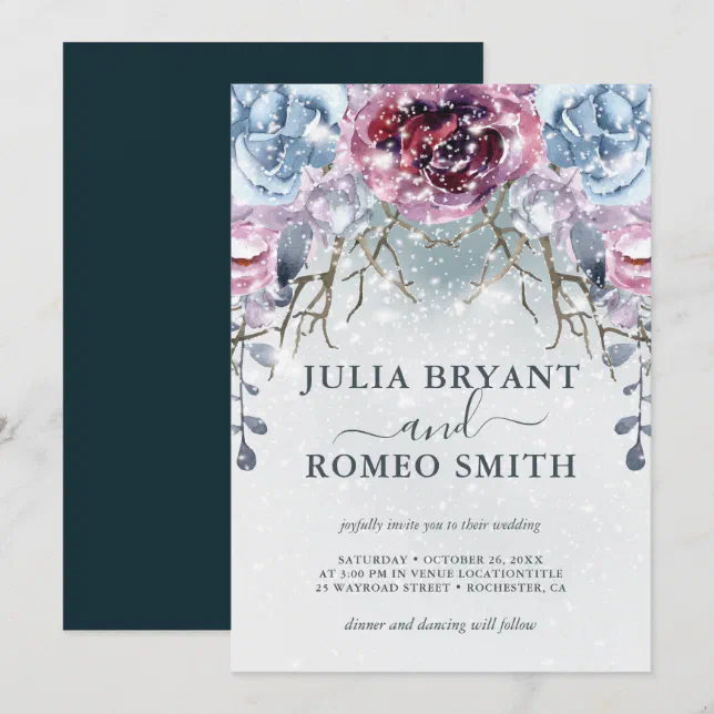 Wedding Romantic Winter Floral Snow Invitation | Zazzle