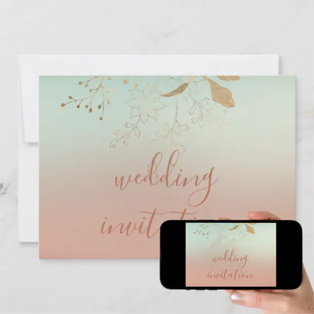Wedding Rose Blue Gold Ombre Pastel Invitation | Zazzle