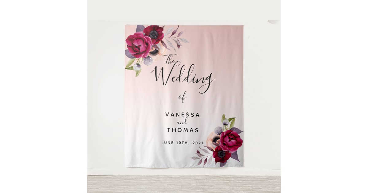 Wedding rose gold burgundy florals photo backdrop | Zazzle