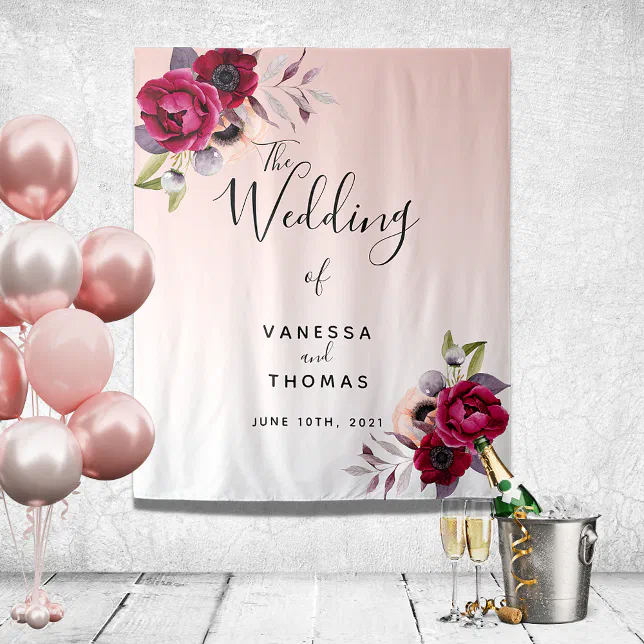 Wedding rose gold burgundy florals photo backdrop | Zazzle