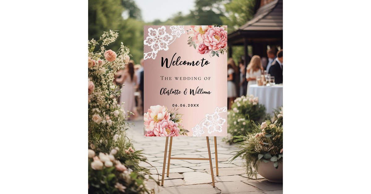 Wedding rose gold florals lace welcome sign | Zazzle