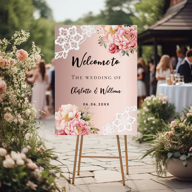 Wedding rose gold florals lace welcome sign | Zazzle