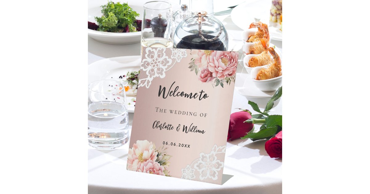 Wedding rose gold florals lace welcome sign | Zazzle
