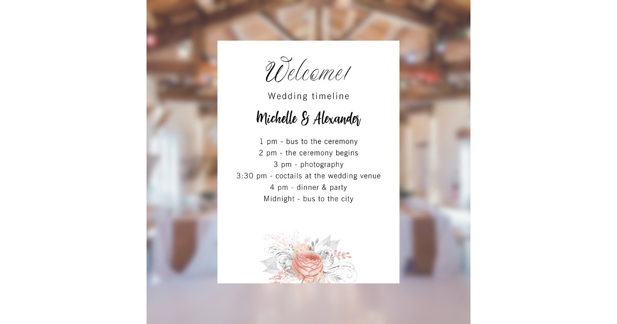 Wedding rose gold flowers program timeline poster | Zazzle
