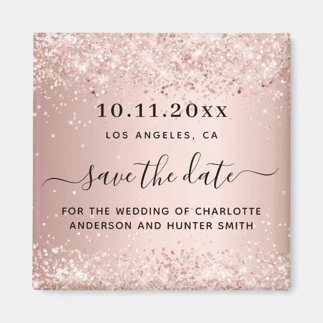 Wedding rose gold glitter save the date magnet | Zazzle