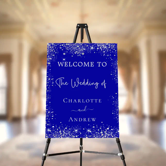 Wedding royal blue silver glitter welcome foam board | Zazzle