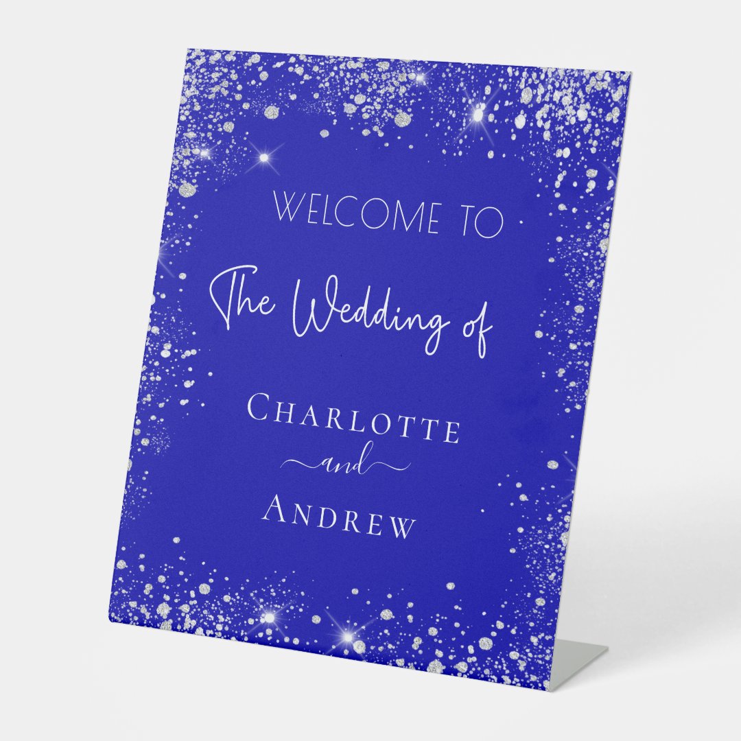 Wedding royal blue silver glitter welcome pedestal sign | Zazzle