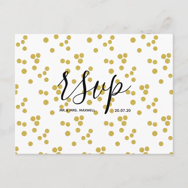 Wedding Rsvp card | Gold Confetti Script Postcard | Zazzle