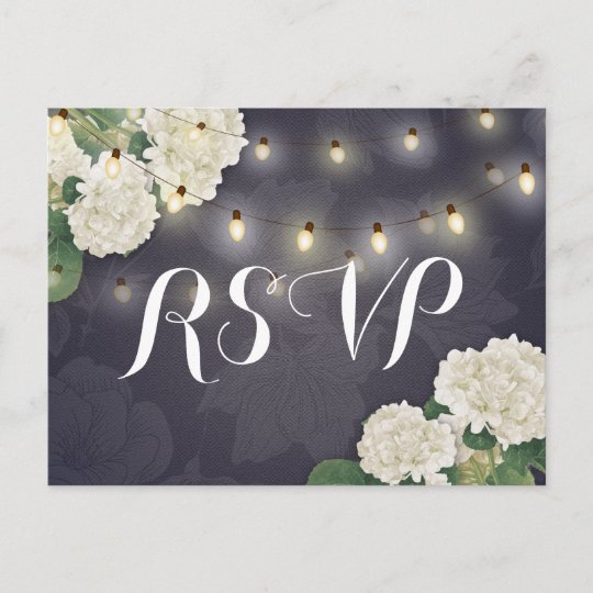 Wedding RSVP Hydrangea Flowers String Lights Blue Postcard | Zazzle.com