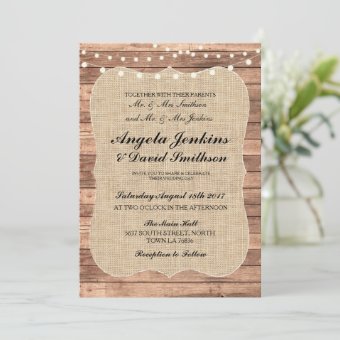 Wedding Rustic Burlap Wood Lights Barn BBQ Invite | Zazzle
