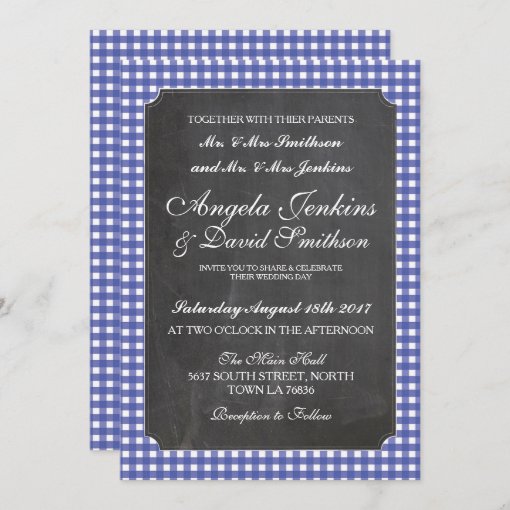 Wedding Rustic Chalk Blue Check Invitation | Zazzle
