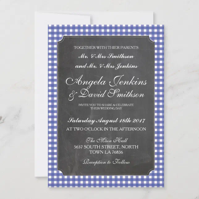 Wedding Rustic Chalk Blue Check Invitation | Zazzle