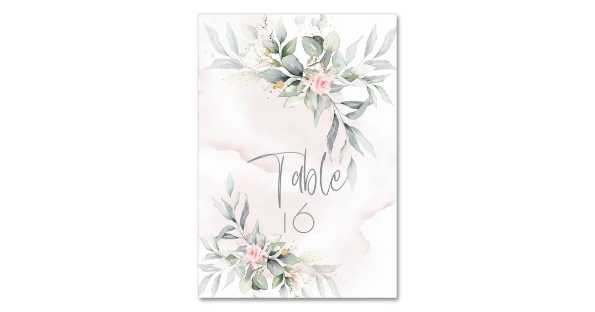 Wedding | Rustic Pink Floral Pale Sage Greenery Table Number | Zazzle