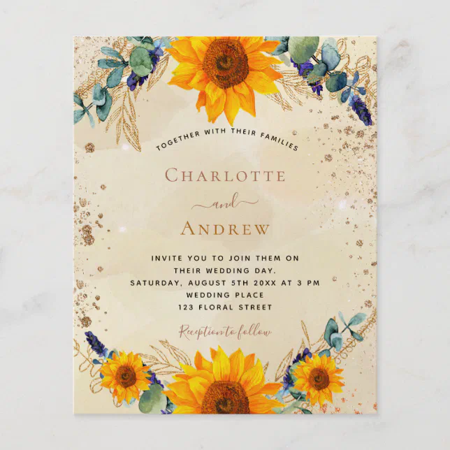Wedding rustic sunflowers eucalyptus gold budget flyer | Zazzle
