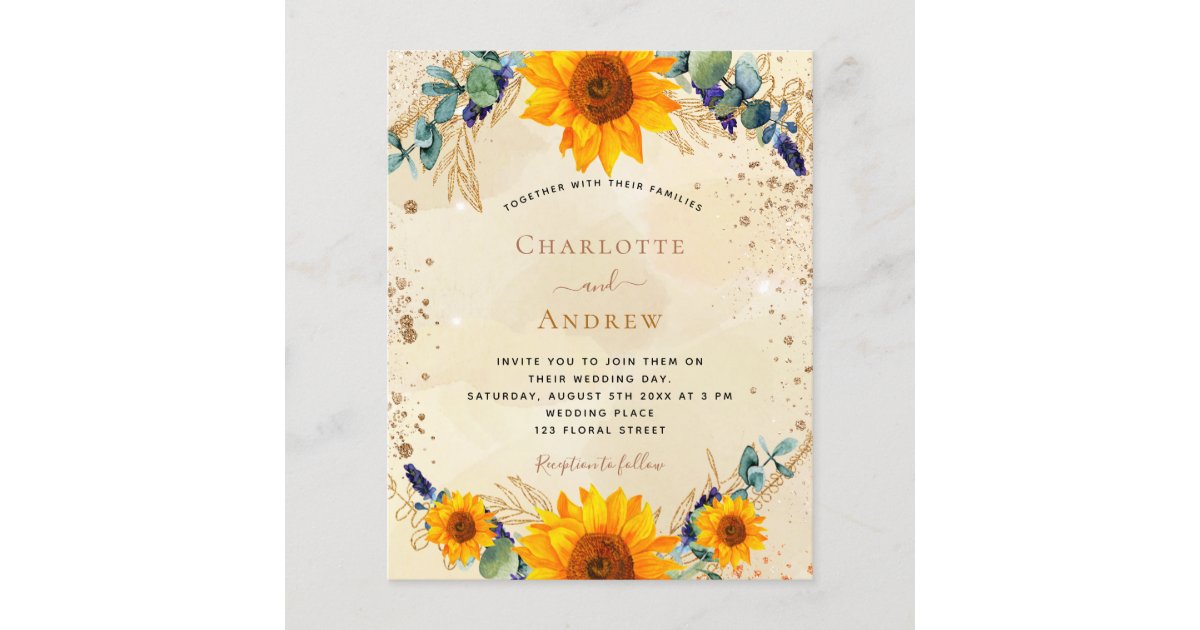 Wedding rustic sunflowers eucalyptus gold budget flyer | Zazzle