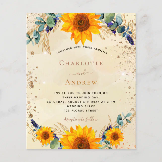 Wedding rustic sunflowers eucalyptus gold budget flyer | Zazzle