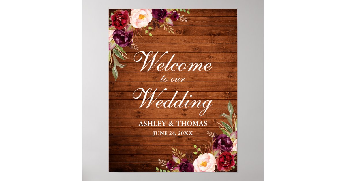 Wedding Rustic Wood Burgundy Watercolor Floral Poster | Zazzle