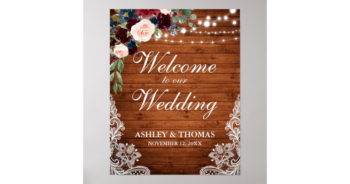 Wedding Rustic Wood Lace Burgundy Blue Floral Poster | Zazzle