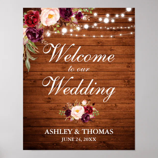 Wedding Rustic Wood Lights Burgundy Floral Poster | Zazzle