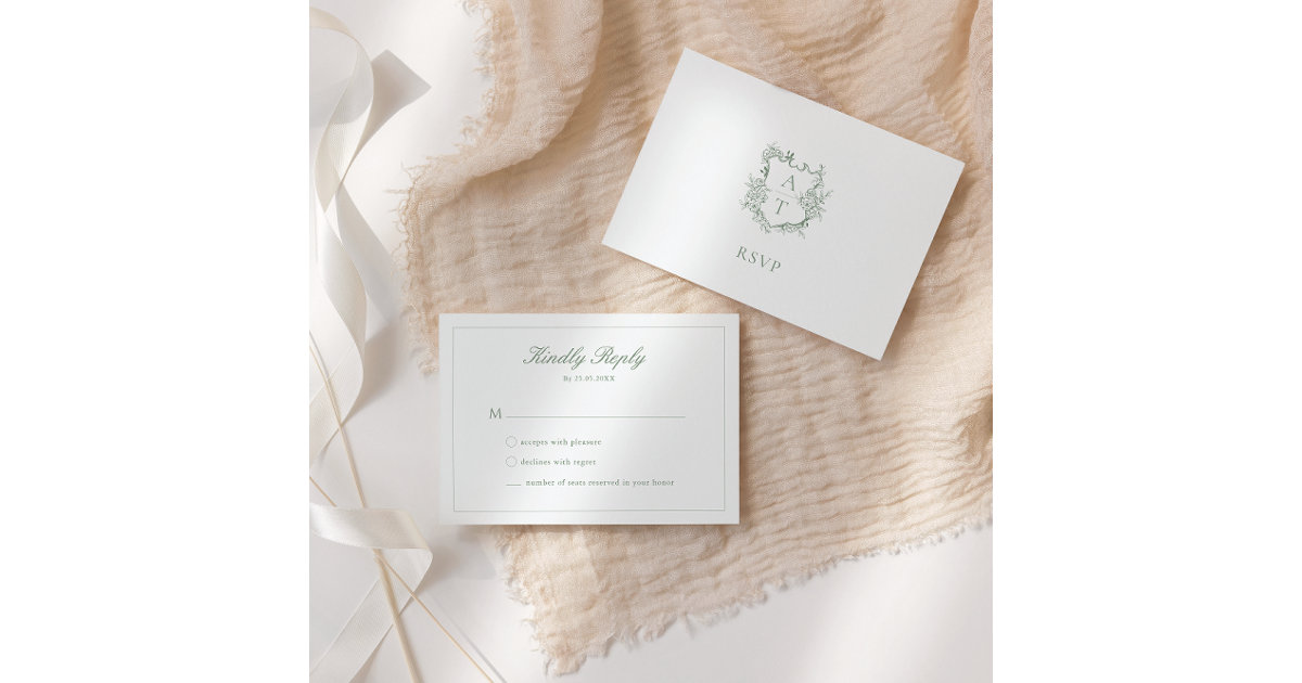 Wedding Sage Green Script Crest Monogram RSVP Card | Zazzle