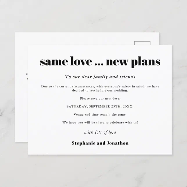 Wedding Same Love New Plans Save New Date Announcement Postcard | Zazzle