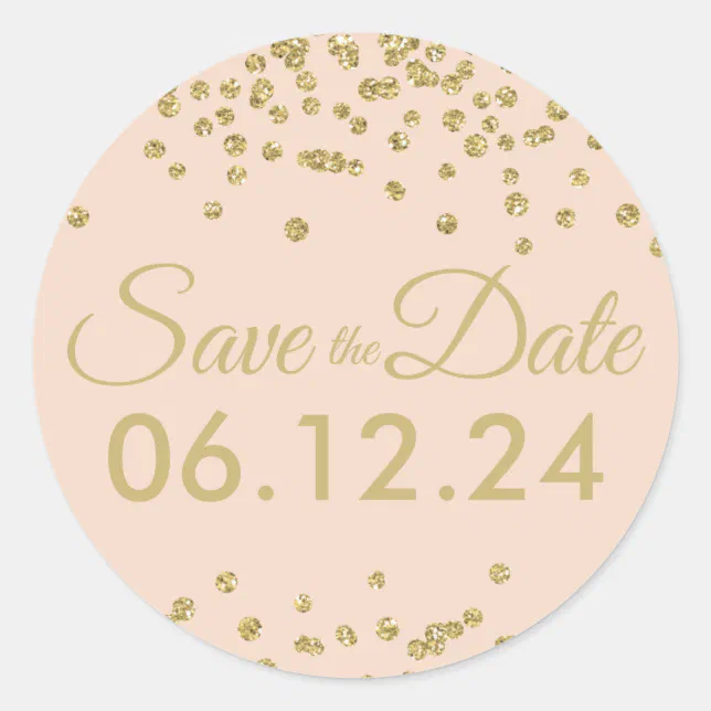 Wedding Save Date Gold Glitter Confetti Blush Rose Classic Round ...