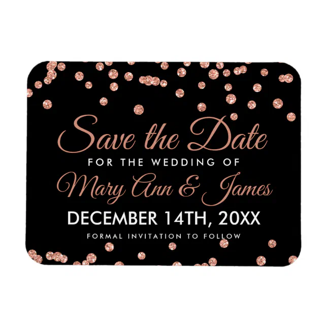 Wedding Save Date Rose Gold Glitter Confetti Black Magnet | Zazzle