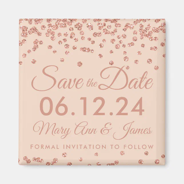 Wedding Save Date Rose Gold Glitter Confetti Blush Magnet | Zazzle