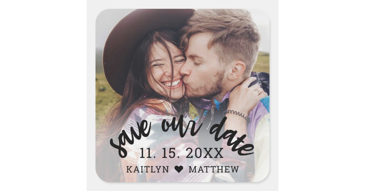 Wedding Save Our Date Photo Modern Script Monogram Square Sticker | Zazzle