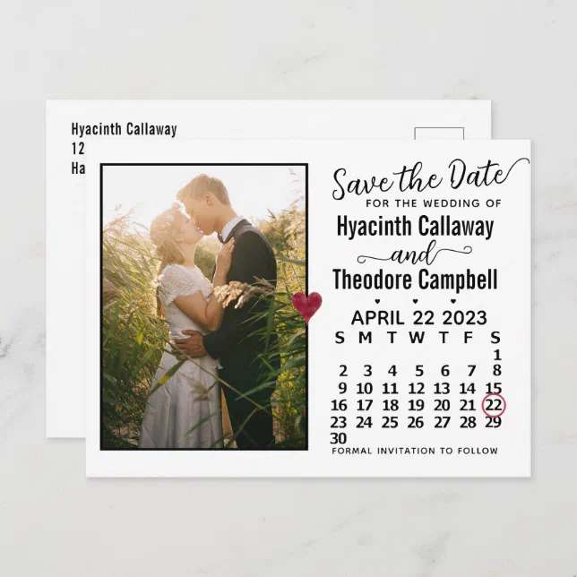 Wedding Save the Date April 2023 Calendar Photo Invitation Postcard ...