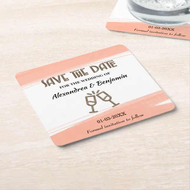 Wedding Save The Date Invitation Pink Personalize Square Paper Coaster | Zazzle