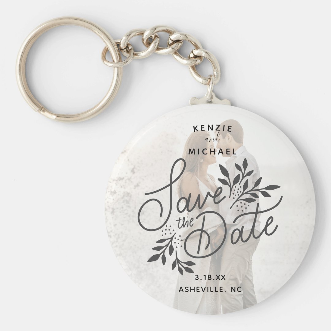 Wedding Save the Date Photo Calligraphy Botanical Keychain | Zazzle