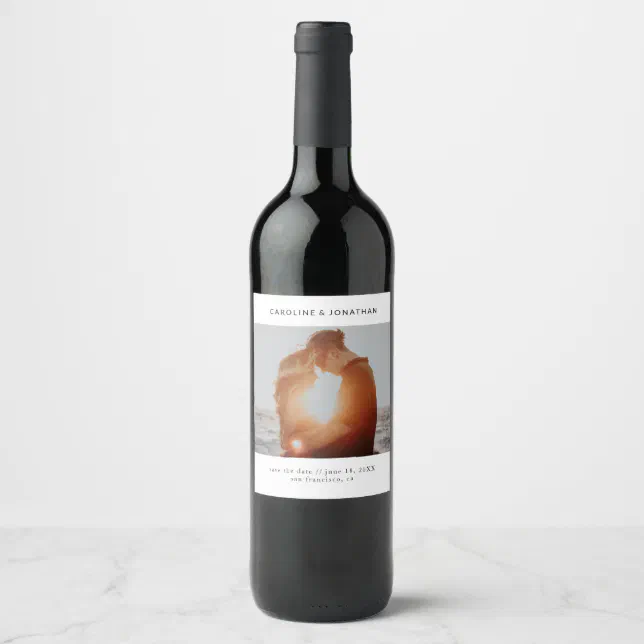 Wedding Save the Date Photo Simple Minimal White Wine Label | Zazzle