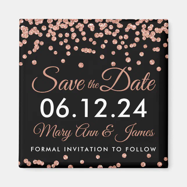 Wedding Save The Date Rose Gold Glitter Confetti Magnet | Zazzle