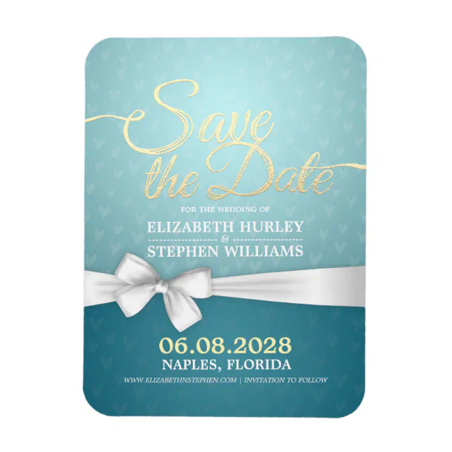 Wedding Save The Date Turquoise Gold White Ribbon Magnet | Zazzle