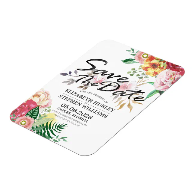 Wedding Save The Date Watercolor Floral Script Magnet | Zazzle